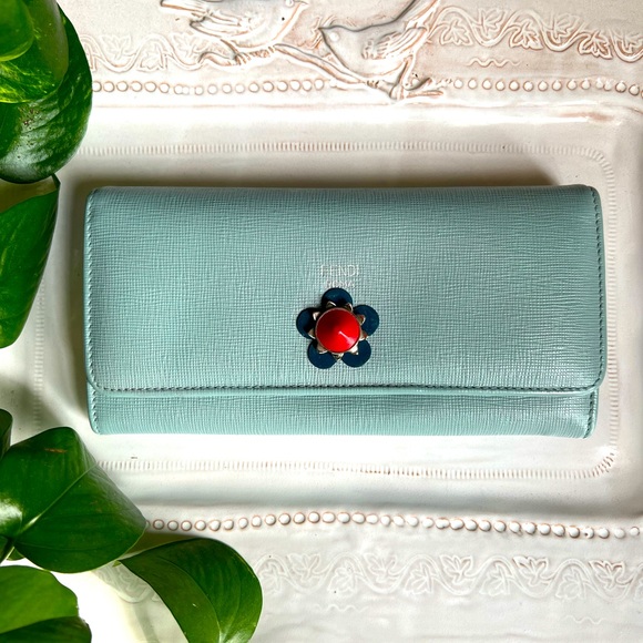 Fendi | Bags | Fendi Flower Bluegrey Calfskin Long Wallet | Poshmark